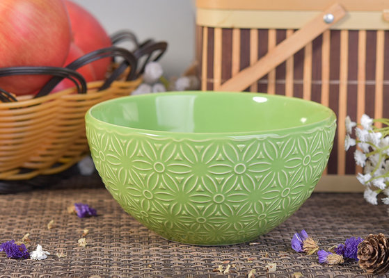 Light Green Embossed Print Ceramic Candle Making Bowl For Home Decoration