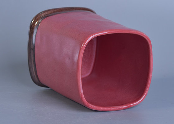 Square Cylinder Ceramic Candle Holders Pink Glazed Brown Bottom 472ml Height 116mm