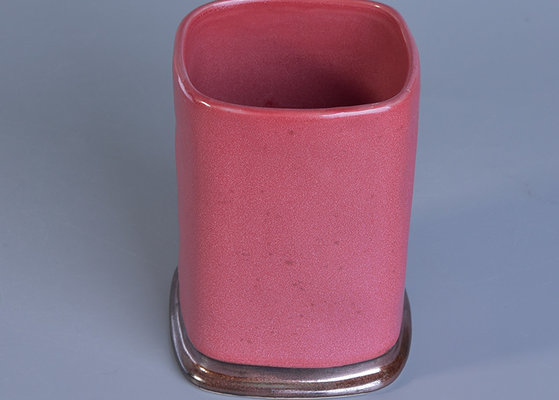 Square Cylinder Ceramic Candle Holders Pink Glazed Brown Bottom 472ml Height 116mm