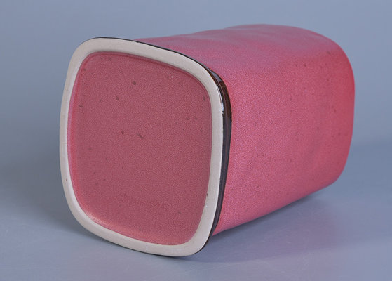 Square Cylinder Ceramic Candle Holders Pink Glazed Brown Bottom 472ml Height 116mm