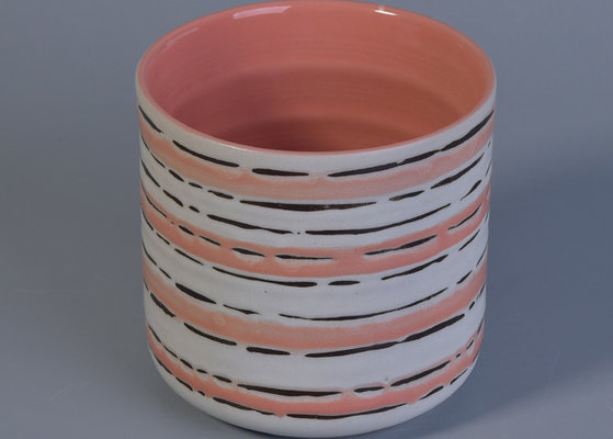 Pink Inside Glazed Ceramic Candle Holder Hand Painted Black Lines 516 ml