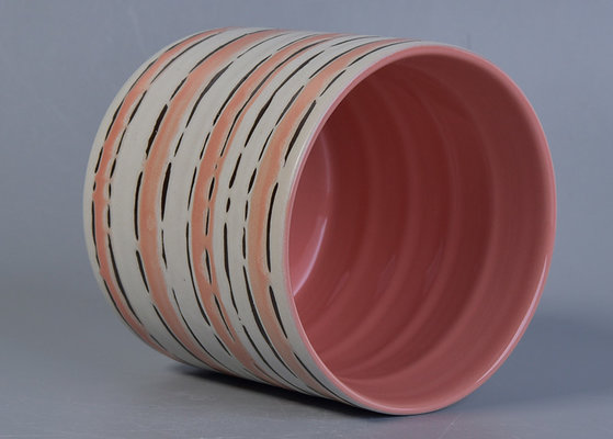 Pink Inside Glazed Ceramic Candle Holder Hand Painted Black Lines 516 ml