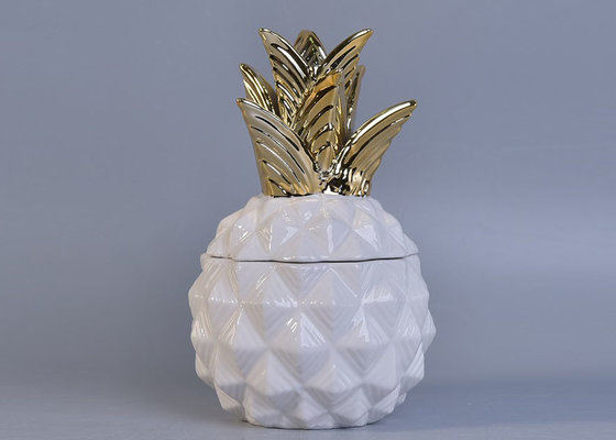 Home decoration Glazed Pineapple Ceramic Candles Holders with Leaf Lid
