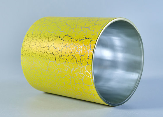 Cylinder 390ml Colored Glass Candle Holders With Yellow Crack Lacquer Decoration