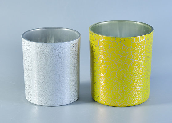 Cylinder 390ml Colored Glass Candle Holders With Yellow Crack Lacquer Decoration
