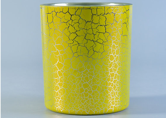 Cylinder 390ml Colored Glass Candle Holders With Yellow Crack Lacquer Decoration