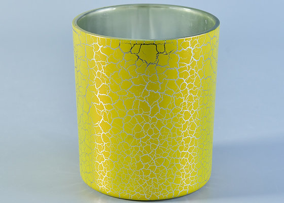Cylinder 390ml Colored Glass Candle Holders With Yellow Crack Lacquer Decoration