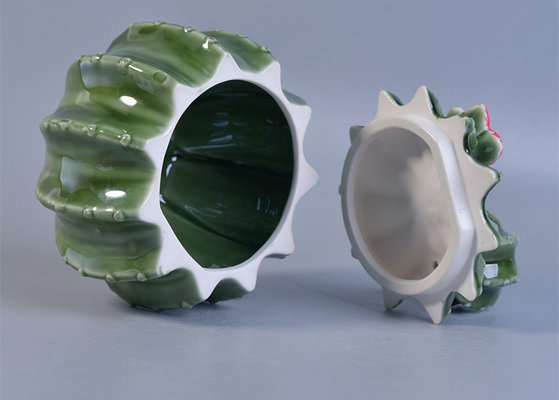 Green Cactus Shaped Ceramic Candle Holder With Lids For Home Fragrance Decor