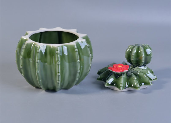 Green Cactus Shaped Ceramic Candle Holder With Lids For Home Fragrance Decor