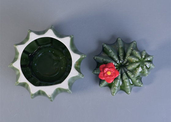 Green Cactus Shaped Ceramic Candle Holder With Lids For Home Fragrance Decor