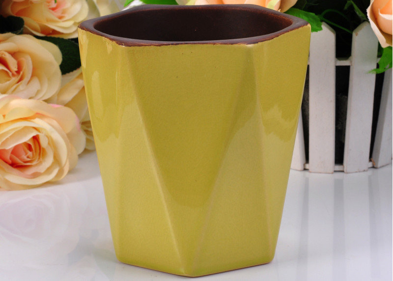 Hexagon Shape yellow contemporary Ceramic Candle Holder Color Glazed For scented Wax
