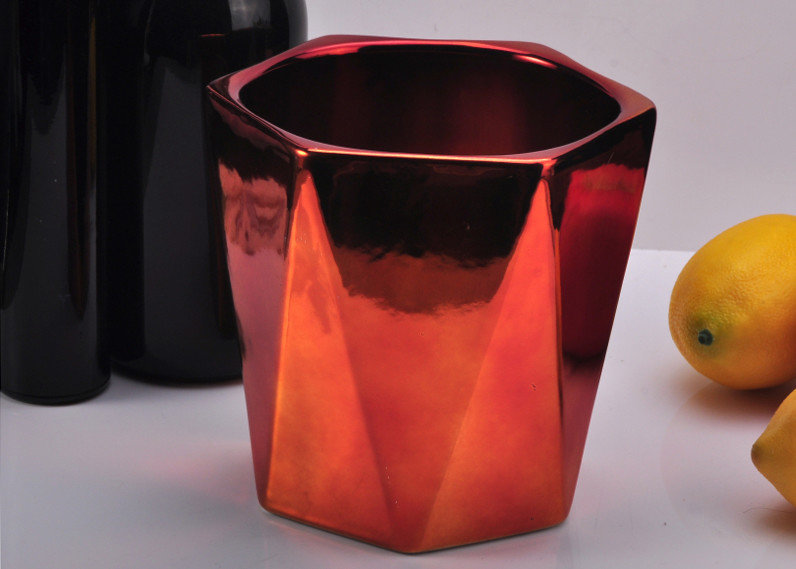 Rose Gold coloured Hexagon Ceramic Candle Jar With Electroplating Finish