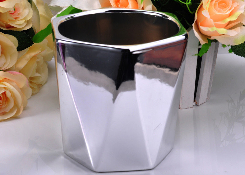 Electroplating Finish Color Hexagon Ceramic Candle Holder / Jar Environmental friendly