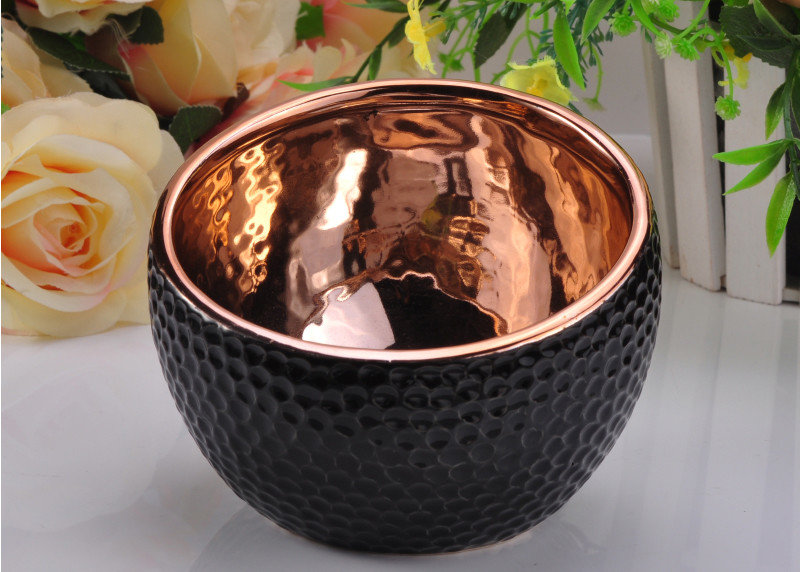 368ml Black Glazed ceramic candle containers with Rose Gold Electroplated Inside