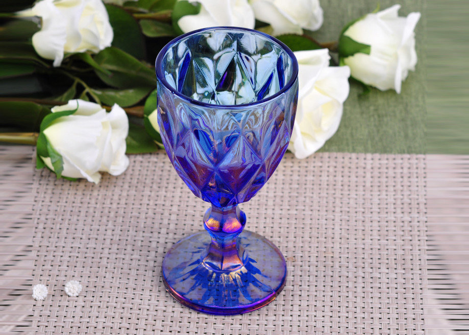 Antique colored glass candle holders Iridescent Blue Stemware Embossed