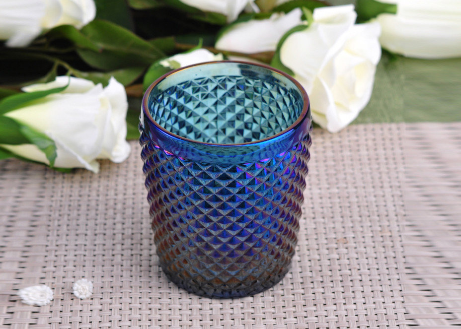 Machine Made navy blue glass cylinder candle holder Embossed Cross Line