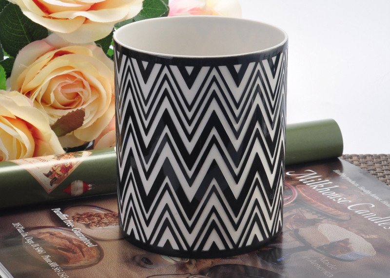 Round Hand Made Ceramic Candle Holder Black white Interphase Engrave
