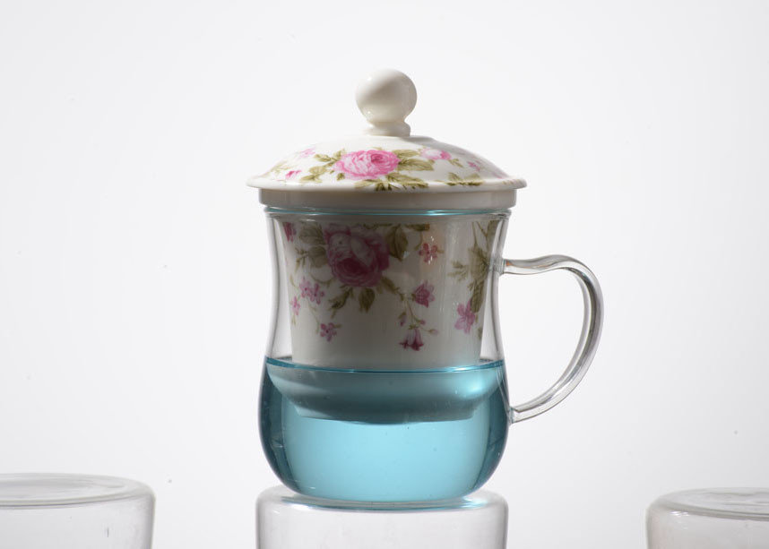 Unique Design Elegant Pyrex Glass Tea Mugs With Ceramic Infuser Lids