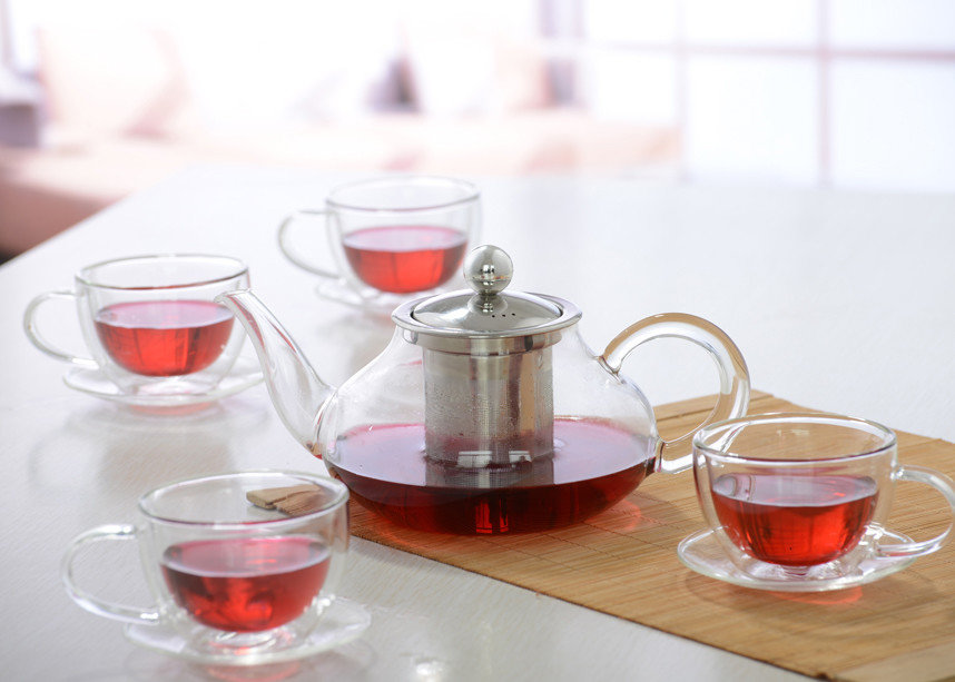 優雅なハンドメイドのガラス茶鍋はステンレス鋼Infuserおよび5pcsガラス ティー カップによって置きました