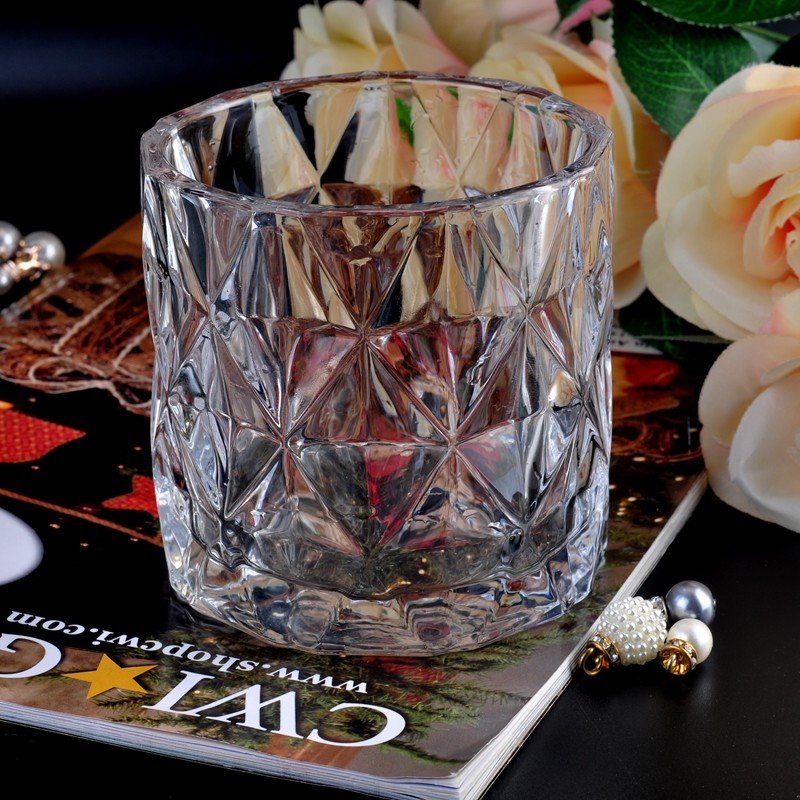 Clear contemporary glass candle holders diamond pattern design Bottom dia 98mm