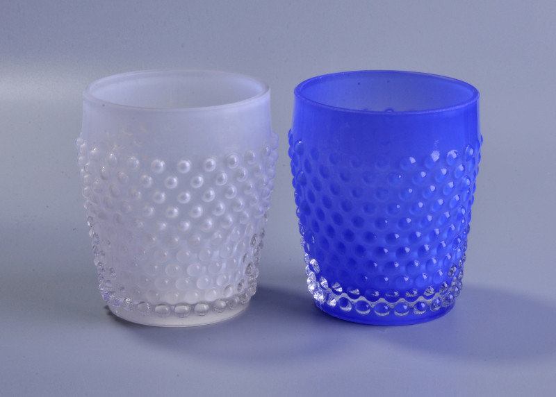 Bubble cut top machine made antique glass candlestick holders white and blue