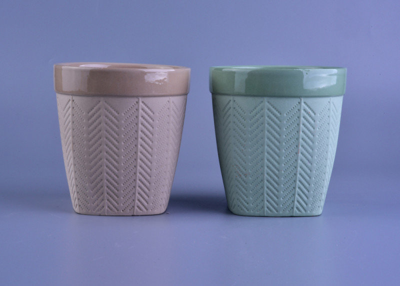 Matte Tree Pattern custom ceramic candle jars with 2 Colors Glazed Inside