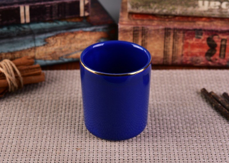 Gold Rim Painting Colorful Cylinder Ceramic Candle Jar For Weddings , 370ml