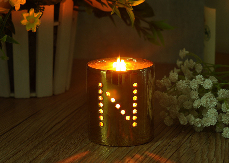 Decorative Hollow Copper Plating Ceramic Candle Holders Customized Design