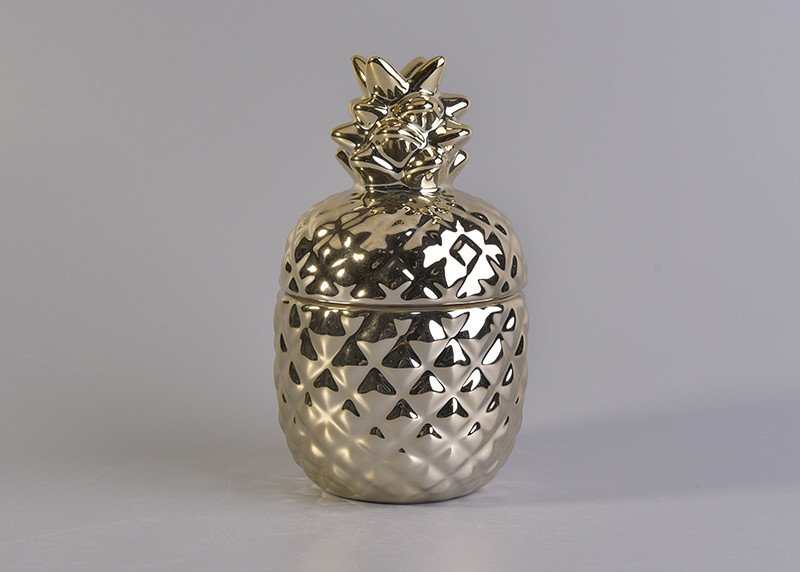 260Ml Airtight Pineapple Shaped Ceramic Candle Holder Golden Electroplated with Lid