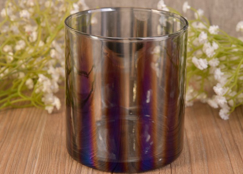 Decorative Straight Walled Glass Candle Holder with Electroplating Color Effect