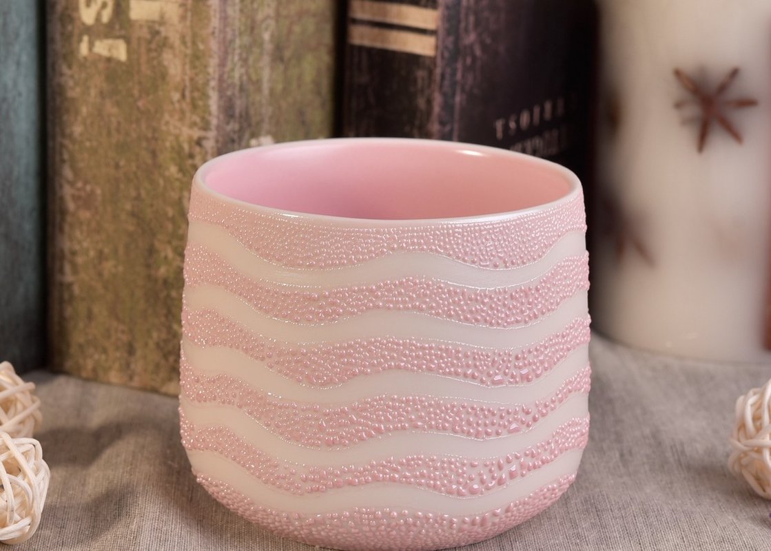 Pink Pearl Glazed Decorative Special Ceramic Candle Jars Embossed Craft