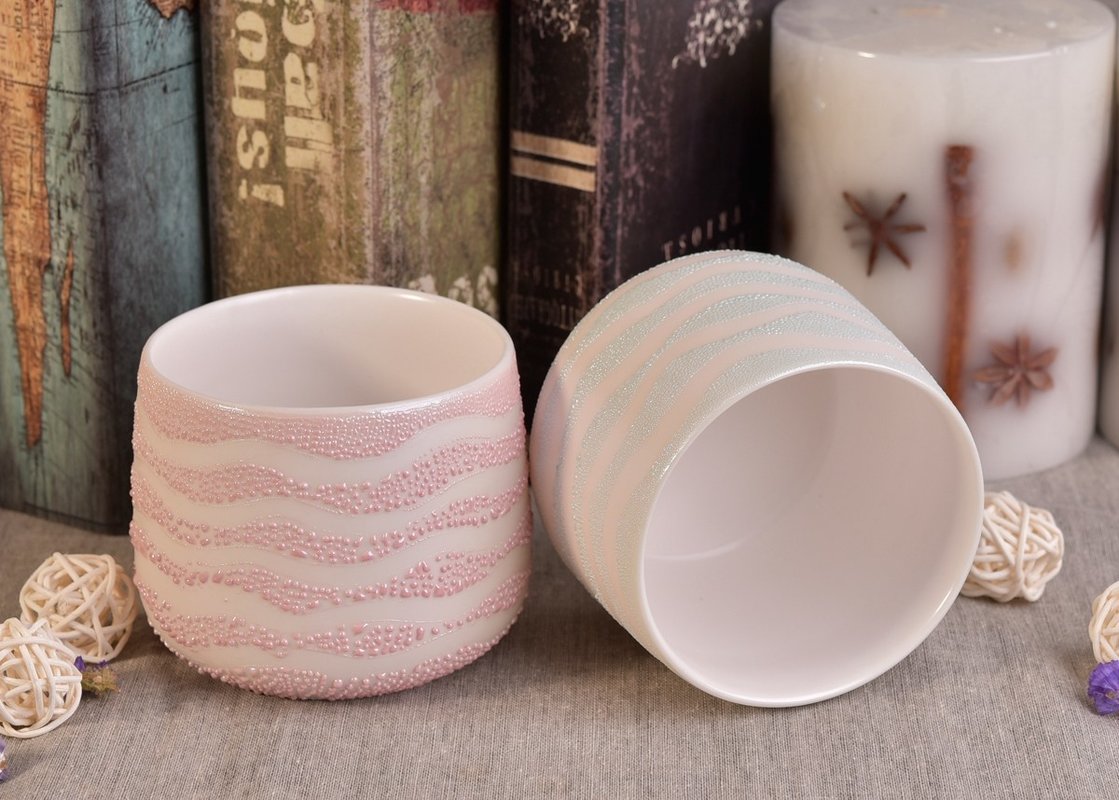 Pearl Glazed Iron Plating Ceramic Candle Vessels with Wave Pattern