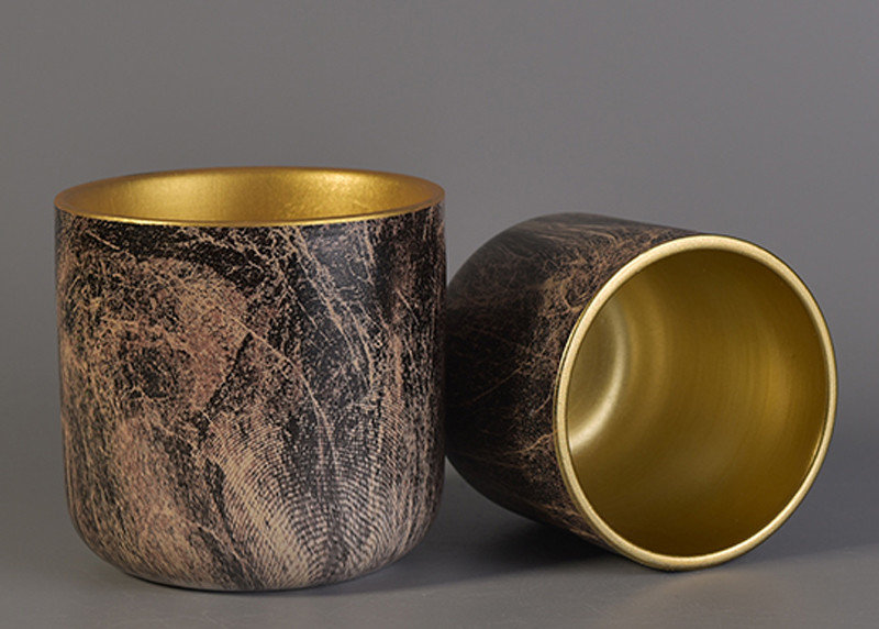 Bark Water Transfer Printing Handmade Ceramic Candle Holders with Golden Plating Inside