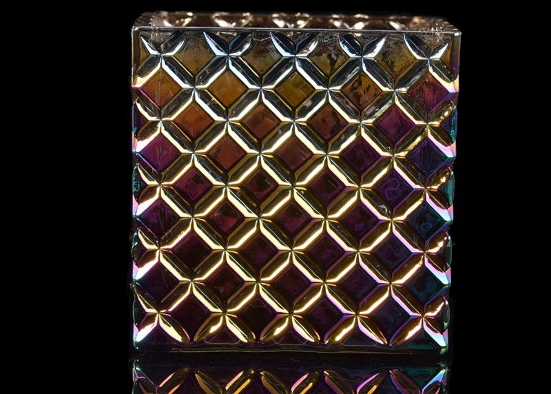 Iridescent Plating Square Decorative Glass Candle Holder , Luxury Scented Glass Candle Jars