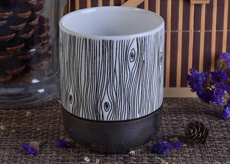 Hand Painted Tree Pattern Ceramic Candle Holder Shiny Grey Bottom Ceramic Candle Jar