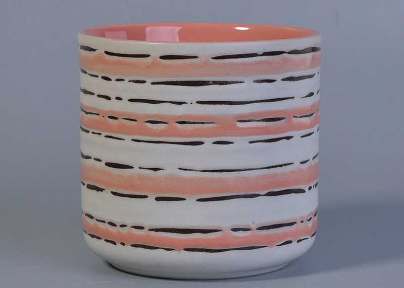 Pink Inside Glazed Ceramic Candle Holder Hand Painted Black Lines 516 ml