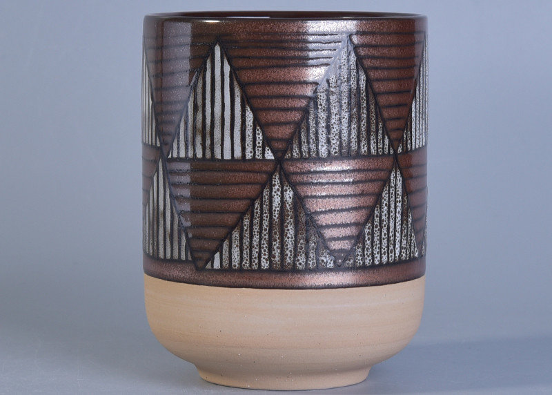 Luxury Ceramic Candle Holder Geometric Figure Hand Painted Triangles Black Lines