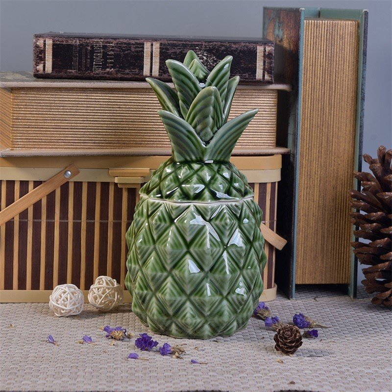 Hot Sale Green Pineapple Ceramic Candle Jar With Lids For Decor