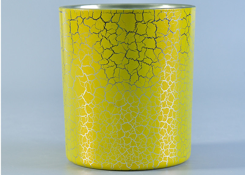 Cylinder 390ml Colored Glass Candle Holders With Yellow Crack Lacquer Decoration