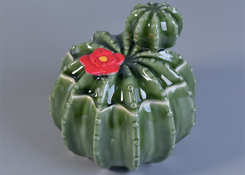 Green Cactus Shaped Ceramic Candle Holder With Lids For Home Fragrance Decor