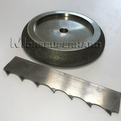 CBN grinding wheels for band saw blades. Wheel is profiled to match band saw teeth. Used correctly lasts very long