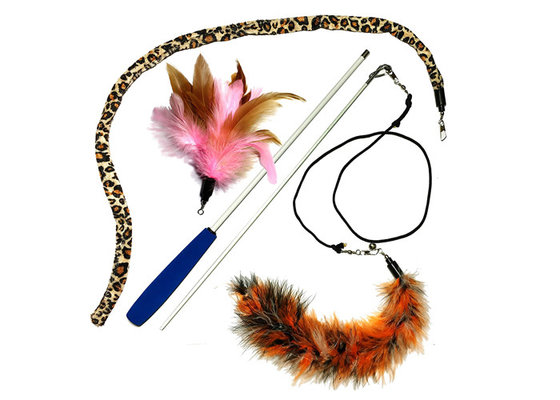 Multi Colors Cat Feather Teaser Wand , PVC Material Cat Stick Toy For Kitten