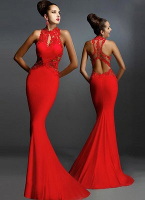Graceful Red halter neck long party dresses with lace for Summer Spring LXYWQ-178/4