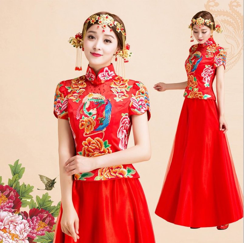 High end Embroidery traditional Chinese wedding dress with High Neck LXHS-2319