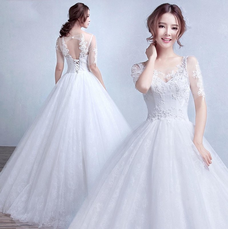 Fashion Half Sleeve Open back Appliques wedding dress gowns for Bridal, Girls, Women LXHS-1338