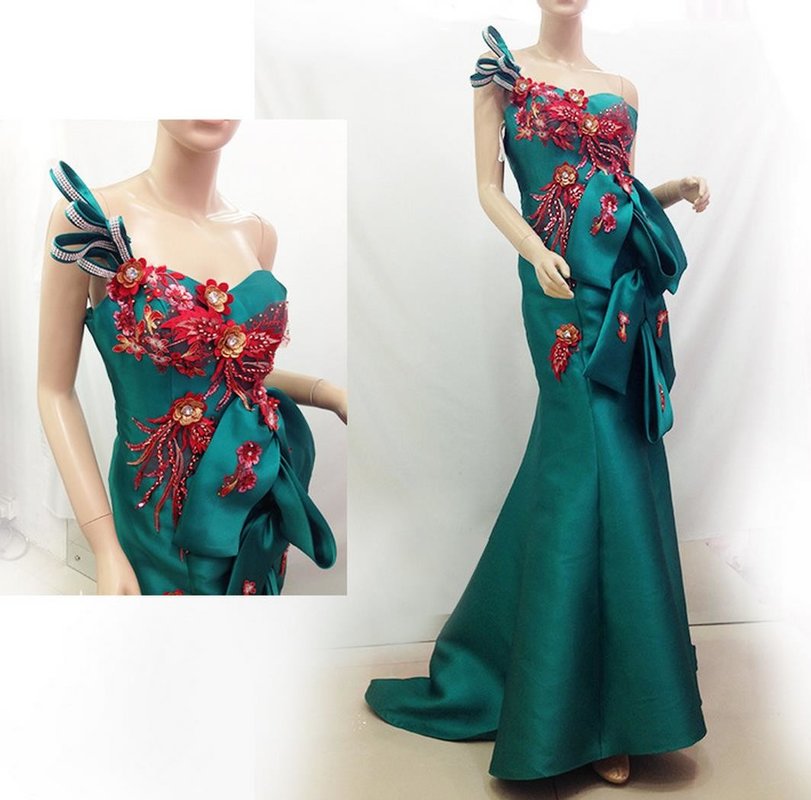 Red Flower Open back Evening Party Dresses in Green LXLSQ-1386