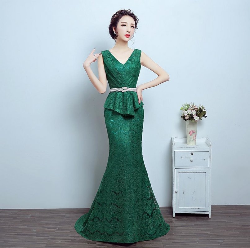 Green Sexy summer long Party Dresses for Women, V neck-line prom dresses LXLSQ-1260