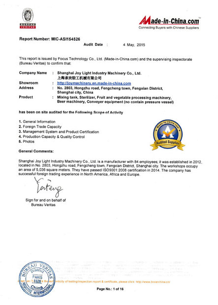 China Shanghai Joy Light Industry Machinery Co.,Ltd. certification