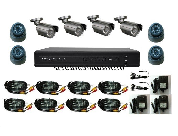 8CH (2CH D1 +6CH CIF) H.264 DVR Kit, 4PCS Bullet + 4PCS Dome CCTV Cameras DR-7208AV5023C
