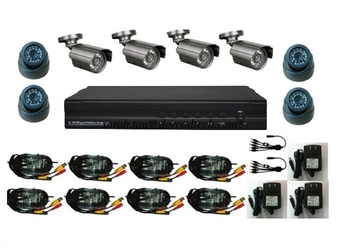 CCTV System DVR Kit, H.264 8 Channel, 4PCS Dome + 4PCS Bullet CCTV Cameras DR-7508AV5023C